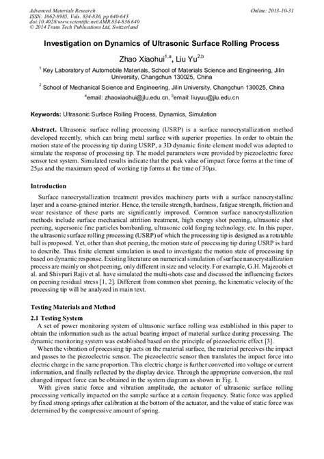 Investigation On Dynamics Of Ultrasonic Surface Rolling Process Scientificnet