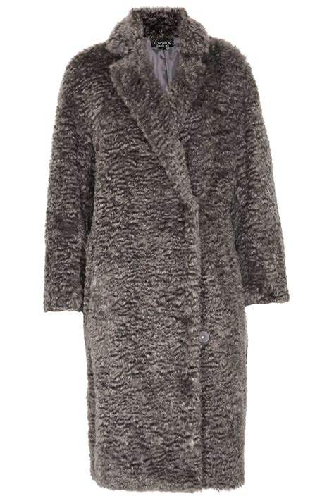 Lyst Topshop Curly Faux Fur Long Coat In Gray