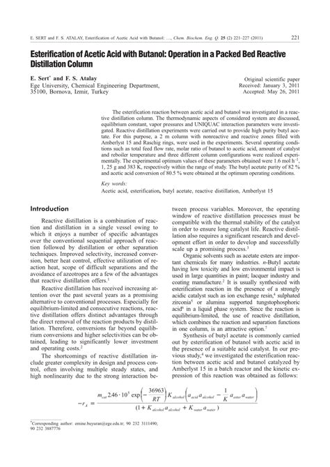Pdf Esterification Of Acetic Acid With Butanol Operation In A Packed