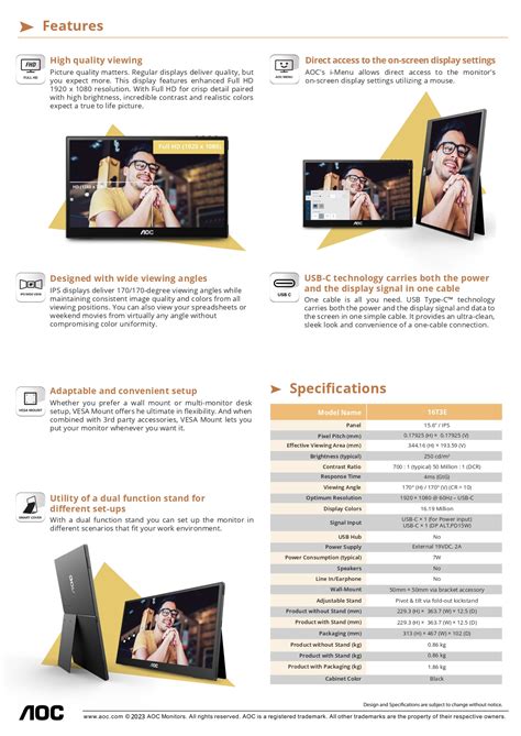 Aoc 16t10 16t3e 15 6 Portable Monitor Ips Fhd 5ms 60hz Built In