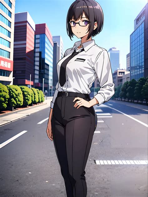 Anime Girl In A White Shirt And Black Pants Standing In The Middle Of A