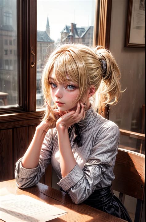 Blond Haired Woman Sitting At A Table With Her Hand On Her Chin Seaart Ai