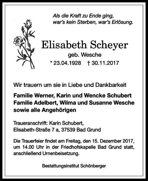 Traueranzeigen Von Elisabeth Scheyer Harztrauer De