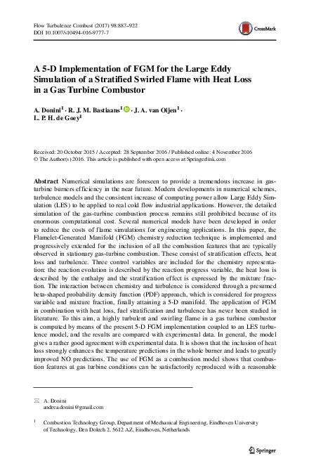 Pdf A 5 D Implementation Of Fgm For The Large Eddy Simulation Of A Stratified Swirled Flame