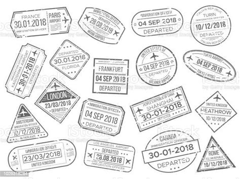 비즈니스 공항 봉인 마크와 세관 여권 스탬프를 제어합니다 외국 여행 및 이민 여권 공식적인 우표 벡터 세트 비자에 대한 스톡