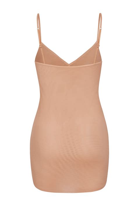 Intimates Soft Mesh V Neck Mini Slip Dress In Warm Peach Oh Polly
