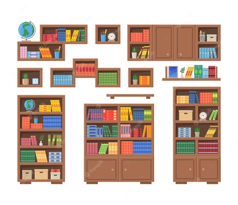 Книжные шкафы с книгами и другими офисными принадлежностями. векторная ...
