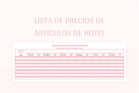 Plantilla De Formato Excel Lista De Precios De Artículos De Hotel Y