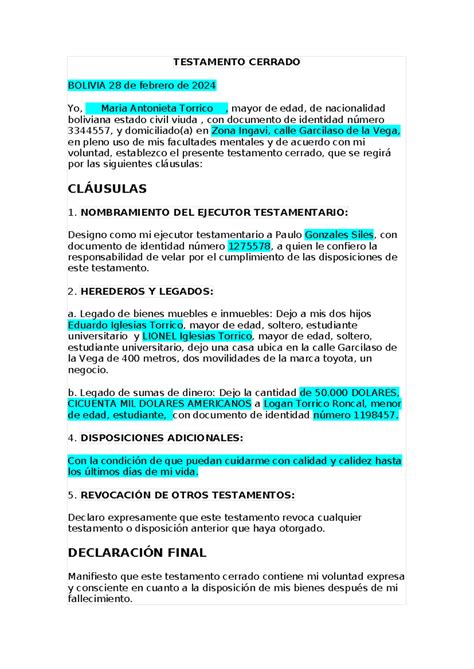 Modelo De Testamento En Boliviaformato De Testamento