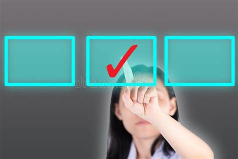 Girl Pushing Tick Symbol Button With Computor Screen Stock Image