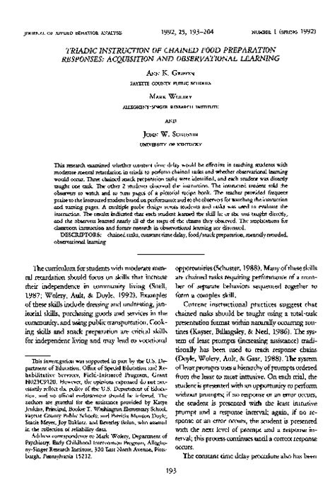 Pdf Triadic Instruction Of Chained Food Preparation Responses Acquisition And Observational