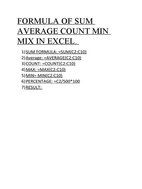 Formula Of Sum Average Count Min Mix In Excel Pdf