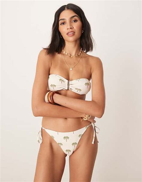 Stradivarius Tie Side Bikini Bottom With Palm Tree Print In White Asos