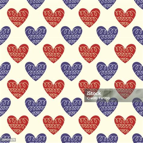작은 빨간색과 파란색 하트는 흰색 배경에 고립되어 있습니다 귀여운 봉합 없는 패턴 벡터 간단 평면 그래픽 Illustration 텍스처 14에 대한 스톡 벡터 아트 및 기타