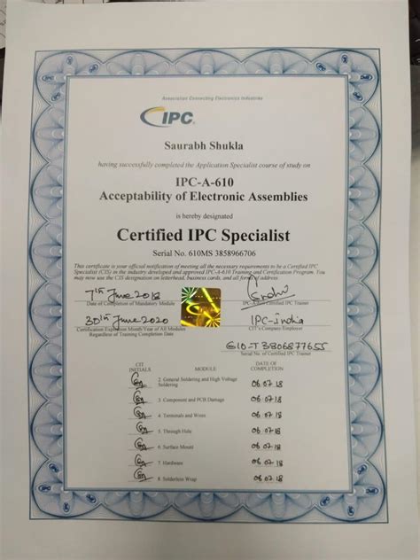 Saurabh Shukla On Linkedin Receive Certificate Of Ipc A 610 Acceptability Of Electronic