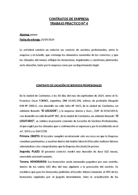 Tp 4 Contratos De Empresa Contratos De Empresa Trabajo Practico N° 4