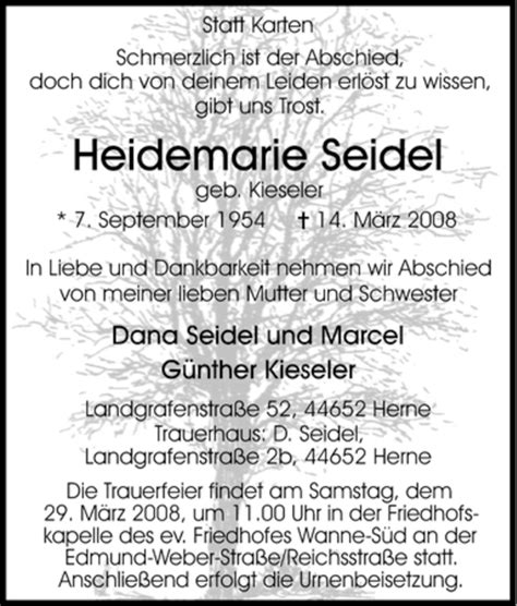 Traueranzeigen Von Heidemarie Seidel Trauer In NRW De