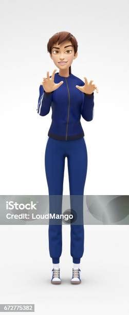 장난 욕심 및 위협 제니3d 만화 여성 캐릭터 스포츠 모델체육 체육 땀 복에 거미 처럼 크롤 링 표정으로 밖으로 도달 3차원 형태에 대한 스톡 벡터 아트 및 기타 이미지