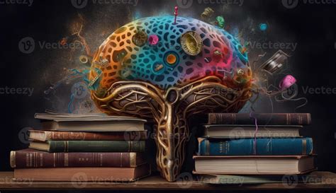 Brain With Colorful Gears And Books On Dark Background Representing