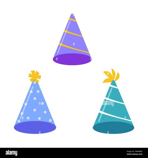 Set Birthday Hat Cartoon Cone Party Hat With Colorful Stripes And Dots