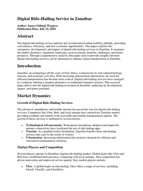 Digital Ride Hailing Service In Zanzibar Pdf Transport Tourism