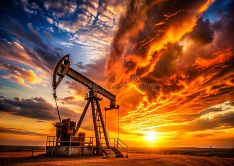 Silhouette Of A Texas Oil Pump Jack Against A Dramatic Sunset A