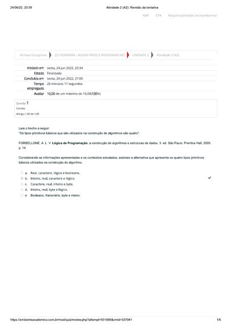 Questionário Unidade 2 Algoritmo E Programação Fmu Algoritmo E Programação