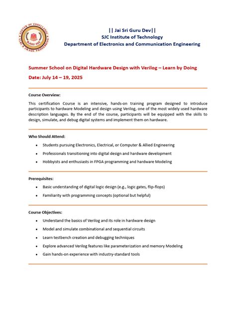 Summer School On Hardware Modeling Using Verilog A Hands On Approach Pdf Field