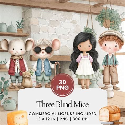 Three Blind Mice Nursery Rhyme Watercolor Clipart By Ikota Design