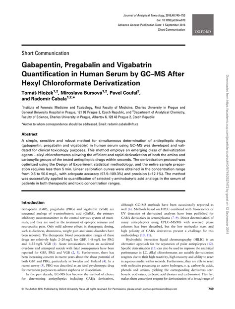 Pdf Gabapentin Pregabalin And Vigabatrin Quantification In Human