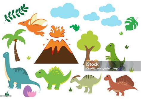 스피노사우루스 파라사우로푸스 스테고사우루스 티라노사우루스 프테로다틸 디플로도쿠스로 등장하는 귀여운 공룡 만화 캐릭터 일러스트레이션 배경 화면 배경 템플릿 고고학에 대한 스톡