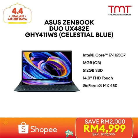Asus Zenbook Duo Ux482e Ghy411ws 2 In1 Laptop Celestial Blue I7
