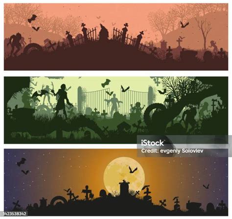 묘지가있는 파노라마 세트 무서운 묘지의 할로윈 테마 벡터 그래픽 섬뜩한에 대한 스톡 벡터 아트 및 기타 이미지 섬뜩한 공포 무서움 토굴 Istock