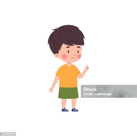 집게 손가락 플랫 스타일 벡터 일러스트 레이 션을 보여주는 귀여운 아이 소년 집계에 대한 스톡 벡터 아트 및 기타 이미지
