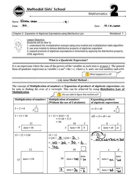 sec2 ch3 ws1 expansion factorisation algebraic expressions pdf