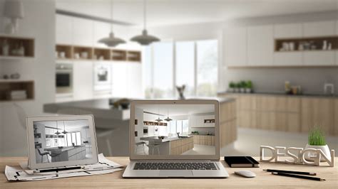 인테리어 디자인 프로젝트 및 Cad 스케치 배경 현대 부엌 아이디어 서식 파일에서에서 흐리게 초안 보여주는 화면 디자이너