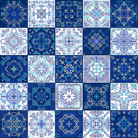 Premium Vector Blue Tile Seamless Pattern Luxury Floral Patchwork Background Mandala Boho