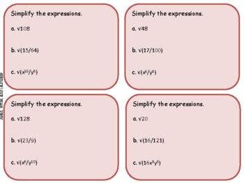 Task Cards Simplify Radical Expressions By Read Write And Calculate