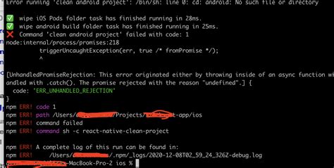 UnhandledPromiseRejection Command Clean Android Project Failed With