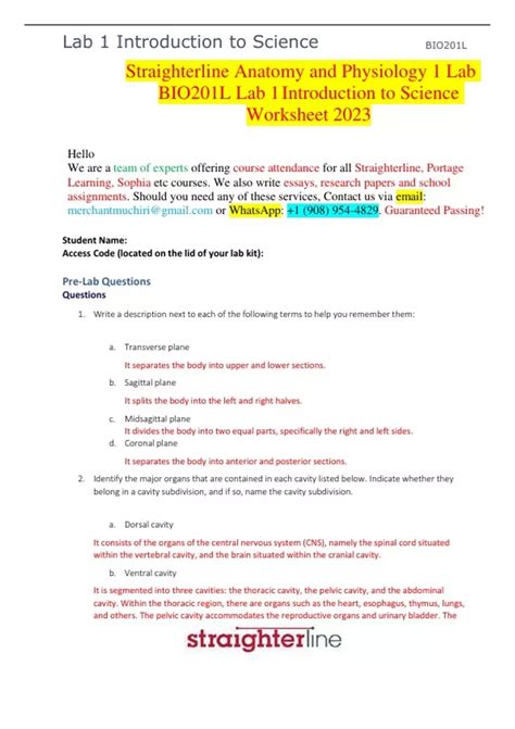 Straighterline Anatomy And Physiology 1 Lab BIO201L Lab 1Introduction