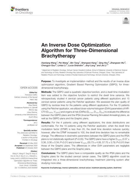 Pdf An Inverse Dose Optimization Algorithm For Three Dimensional Brachytherapy