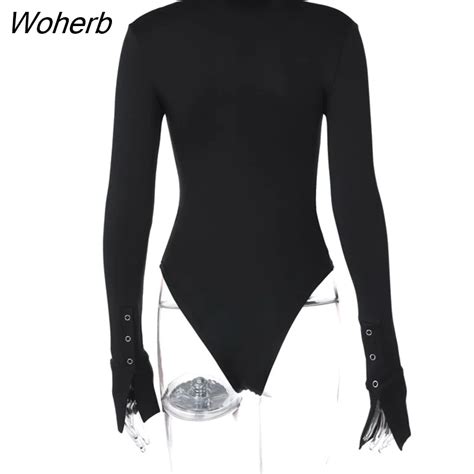Woherb Long Sleeve Autumn Winter Bodysuit Button Sexy Bodycon One Piece
