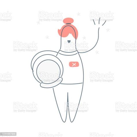 여자 우주 비행사가 그녀의 손에 공간 헬멧을 들고 그녀의 손을 흔들어 Astronaut Training에 대한 스톡 벡터 아트