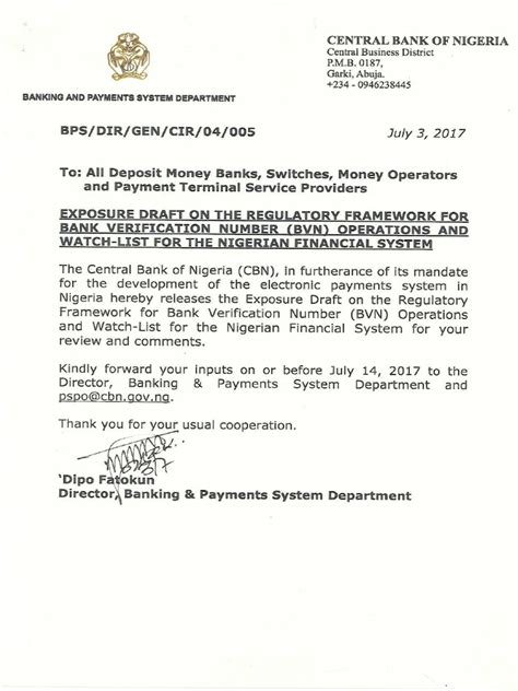Circular And Exposure Draft On The Framework For Bvn Operations And Watchlist Pdf Biometrics
