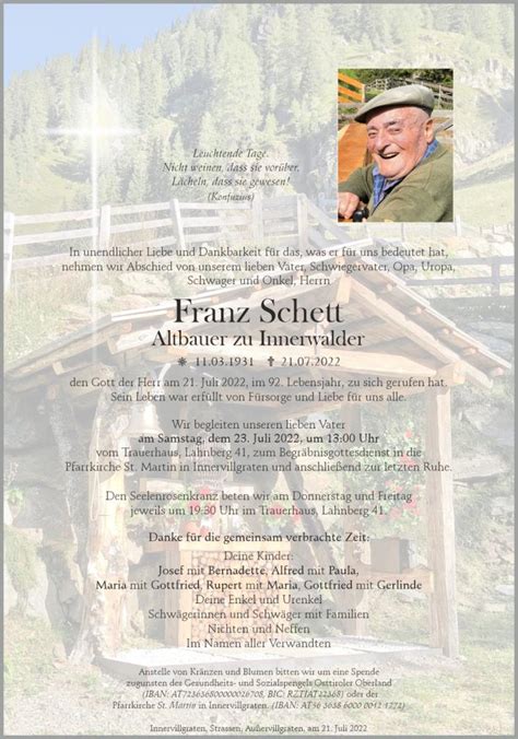 Todesanzeige Franz Schett Trauer Link