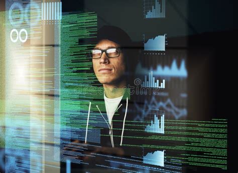 Hacker Coding And Man In Night With Software Hologram And Information