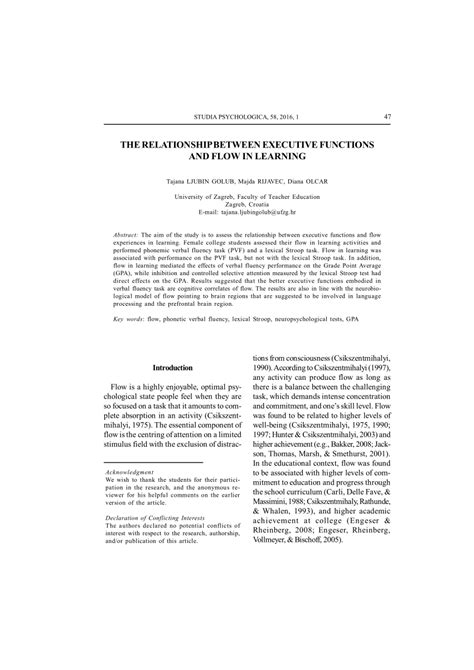 Pdf The Relationship Between Executive Functions And Flow In Learning