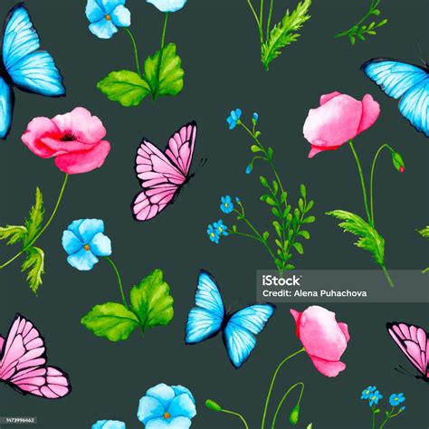 원활한 패턴입니다 어두운 배경에 수채화 꽃과 나비 양귀비 물망초 팬지 포장지 직물 벽지 및 기타 인쇄를위한 디자인 0명에 대한 스톡 벡터 아트 및 기타 이미지 Istock