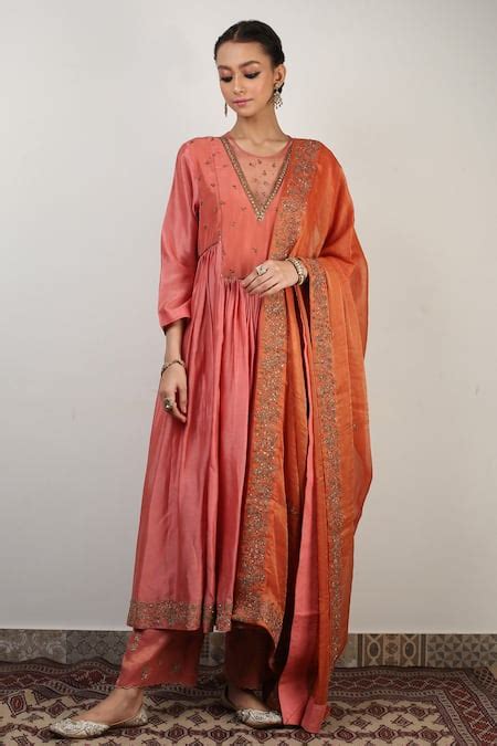 Buy Peach Silk Embroidered Zardozi Round Aari Anarkali Set For Women By