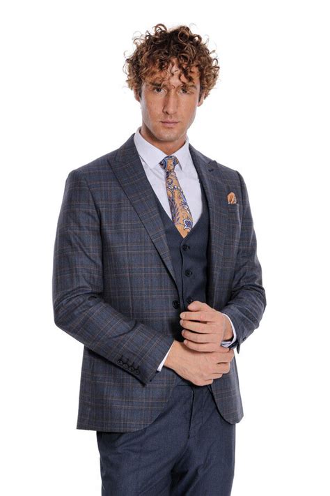 Checked Slim Fit Navy Blue Men Suit Wessi
